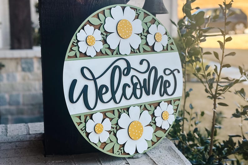Welcome Sign SVG Laser Cut File - Daisy Floral Round Door Hanger Design ...