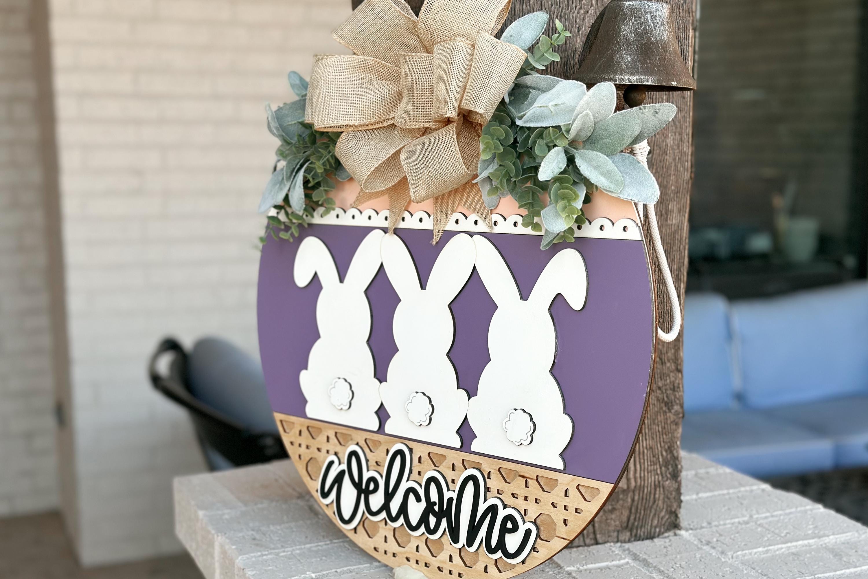 Easter Bunny Welcome Sign SVG, Laser Cut Round Door Hanger, Spring ...