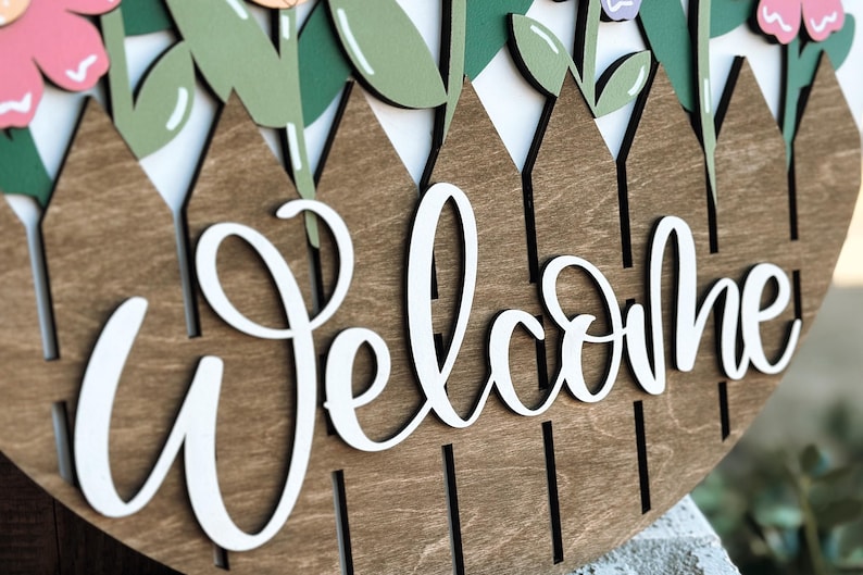 Welcome Door Hanger SVG, Fence With Flowers Laser Cut File, Round Sign ...