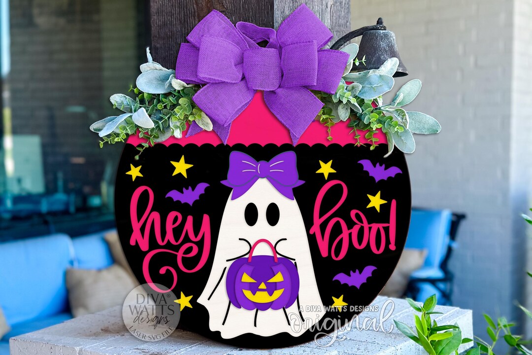 Cute Bow Ghost Hey Boo Halloween Round Door Hanger SVG, Coquette Girl ...