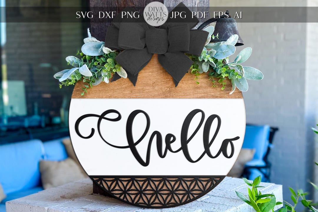 Laser Cut Door Hanger SVG | Hello Sign SVG File | DIY Round Wood Sign ...