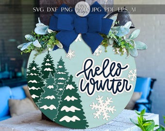 Hello Winter Snowy Pine Trees Sign, Round Door Hanger Svg, Glowforge ...