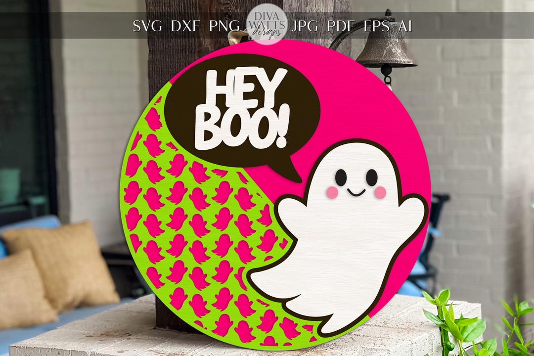 Hey Boo Ghost Halloween Round Door Hanger SVG File | Cute Laser Cut ...