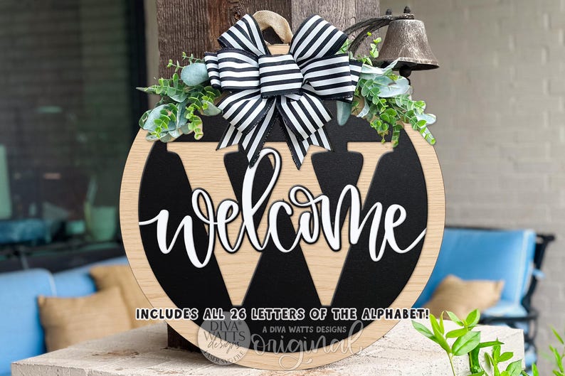 Welcome Split Monogram Alphabet SVG for Laser Cut Round Door Hanger ...