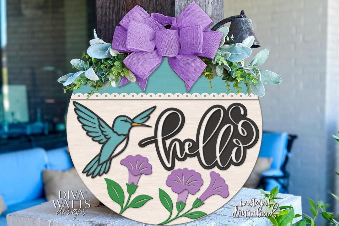 Laser Cut Door Hanger SVG | Hello Sign SVG File | Hummingbird Round ...
