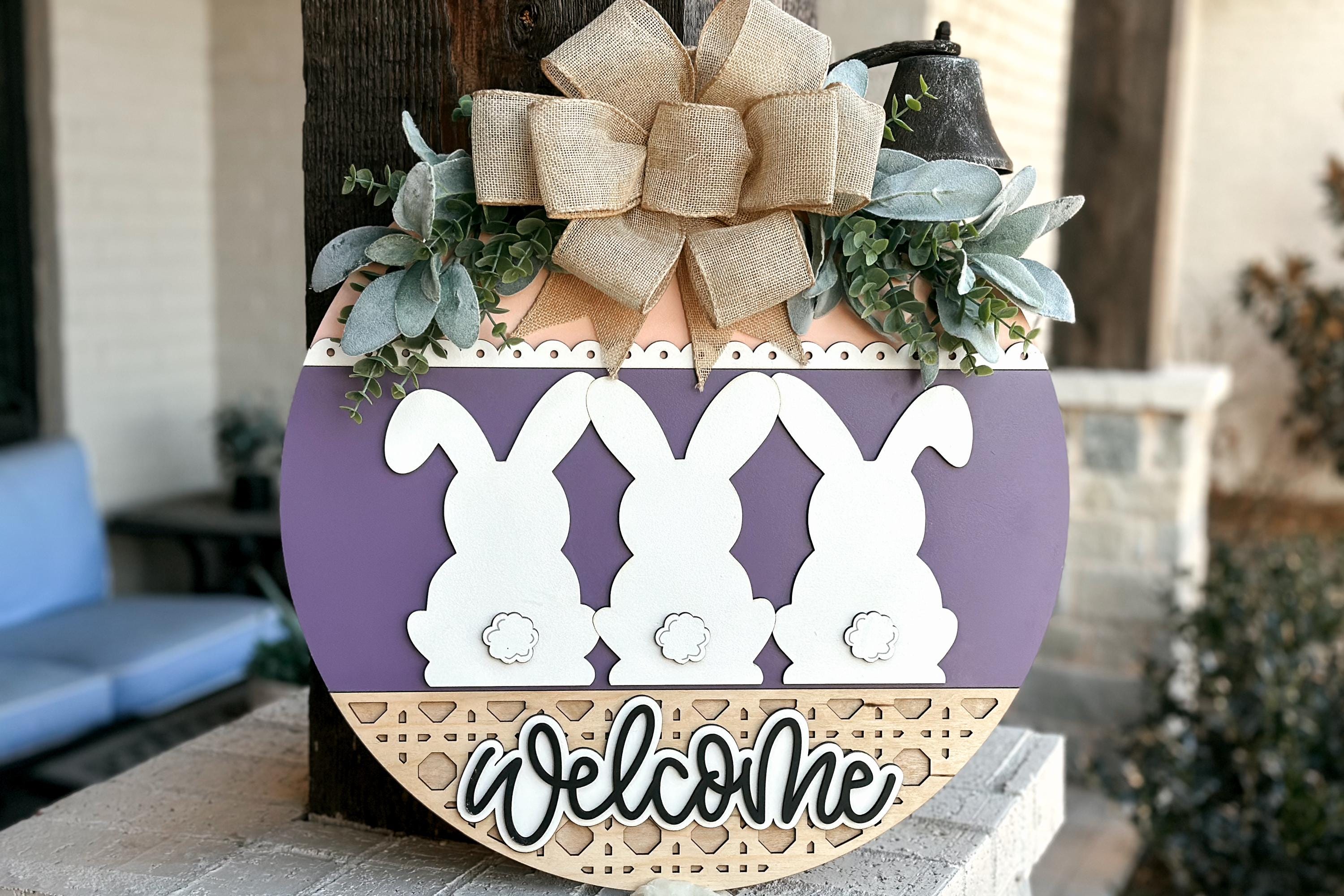 Easter Bunny Welcome Sign SVG, Laser Cut Round Door Hanger, Spring ...