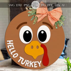 Hello Turkey Door Hanger SVG, Round Turkey Face Sign, Fall Thanksgiving ...