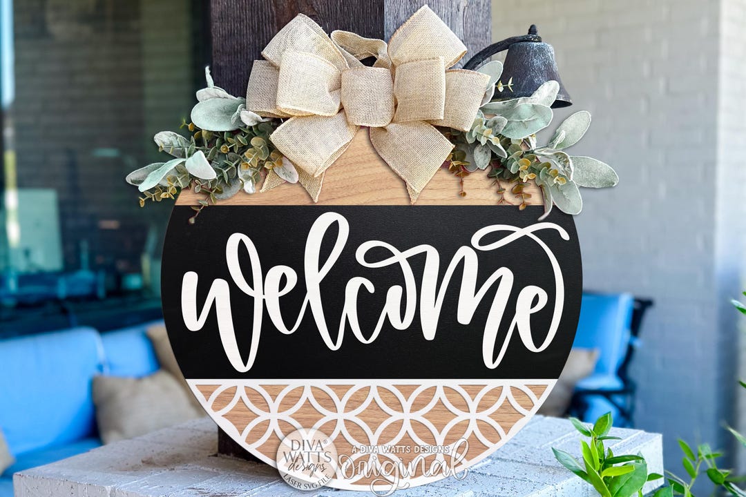 Round Door Hanger SVG Welcome Sign, Front Door Sign SVG Laser Cut File ...