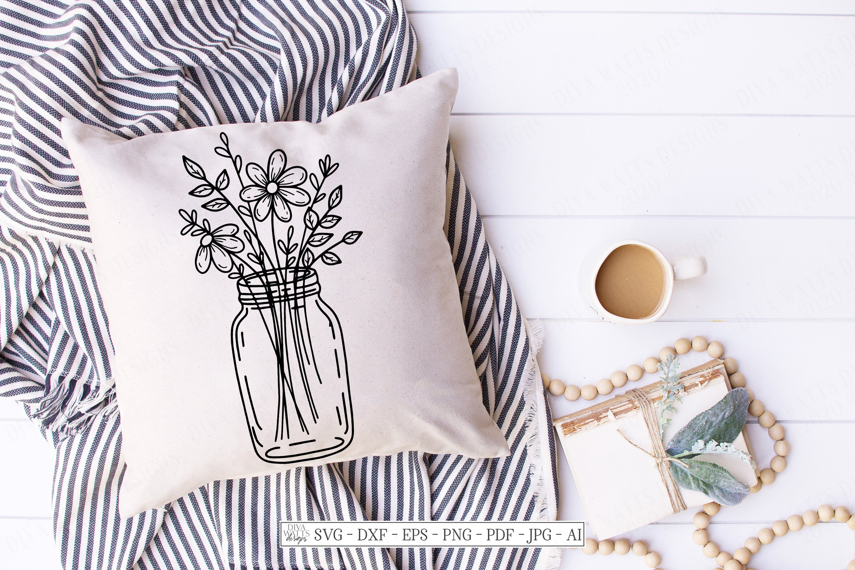 Mason Jar Daisy Bouquet Vinyl Stencil HTV SVG Pillow Sign dxf Cutting ...