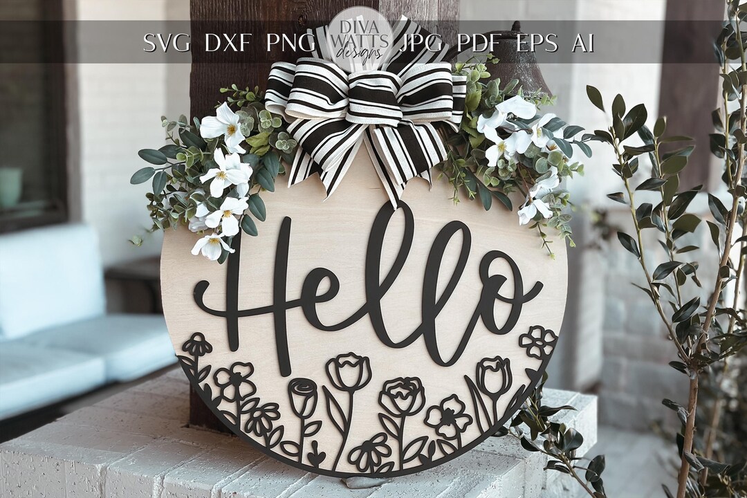 Hello Door Hanger SVG, Floral Laser Cut File, Round Sign Design ...