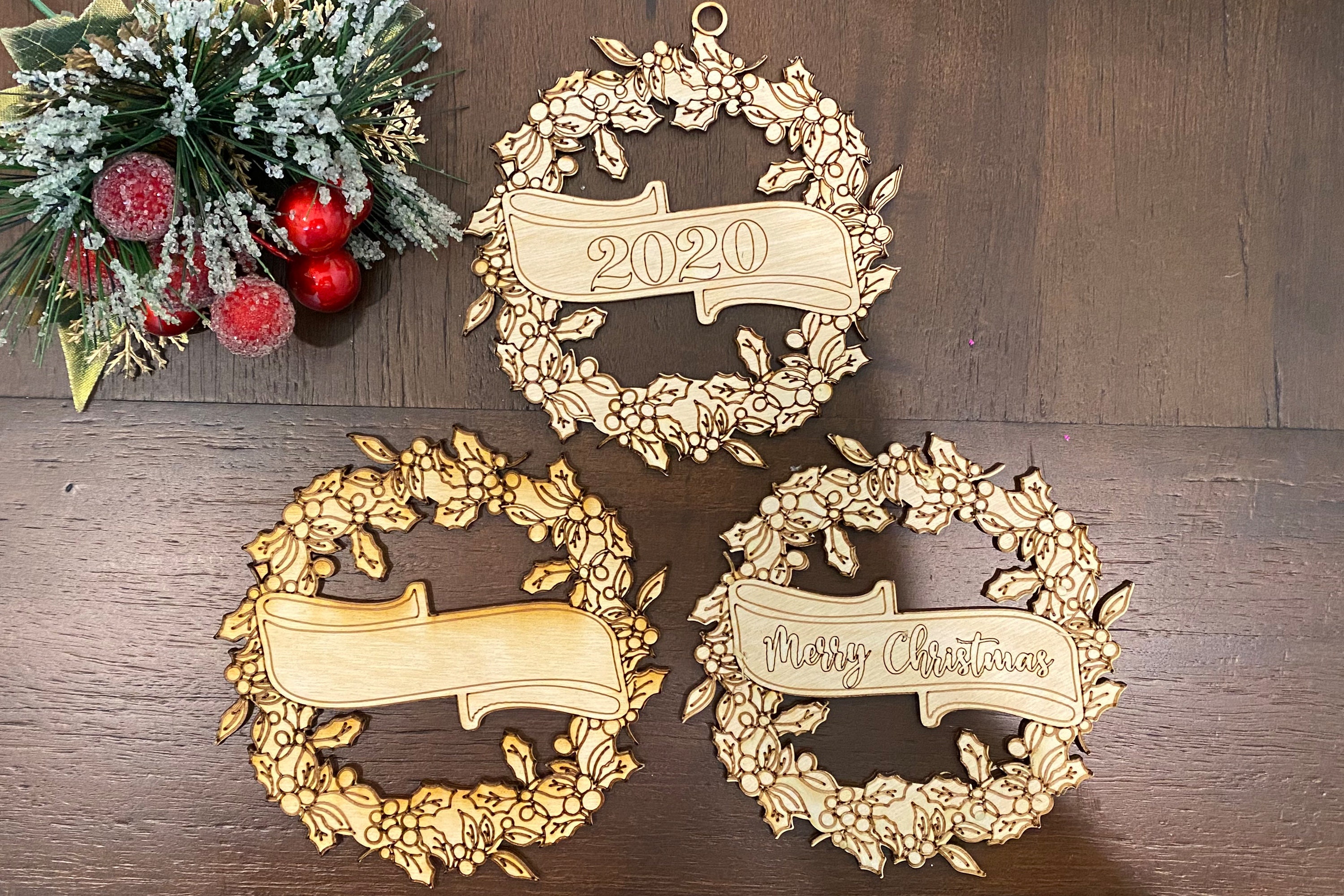 Glowforge Sign / Ornament Set for Christmas | Holly Wreath With Banner ...