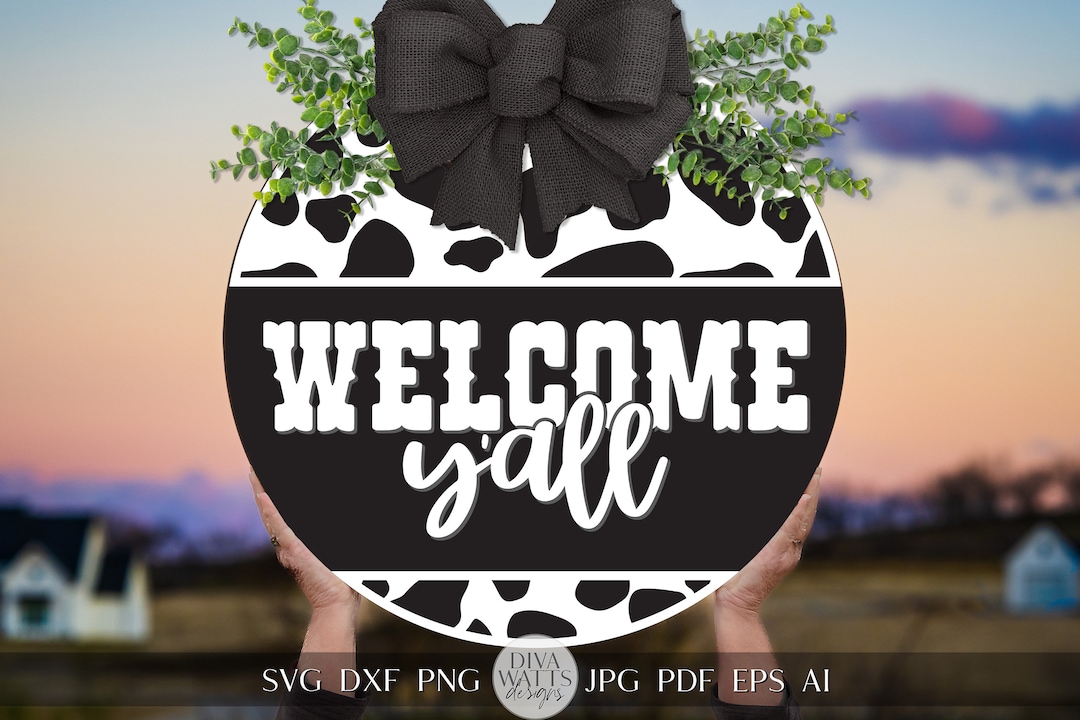 Welcome Y'all SVG Western Cowhide Door Hanger Design Cow Print SVG ...