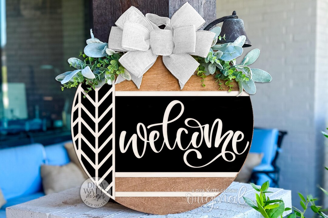 Welcome Round Door Hanger SVG | Modern Farmhouse Laser Cut File for ...