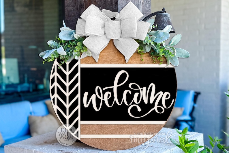 Welcome Round Door Hanger SVG | Modern Farmhouse Laser Cut File for ...