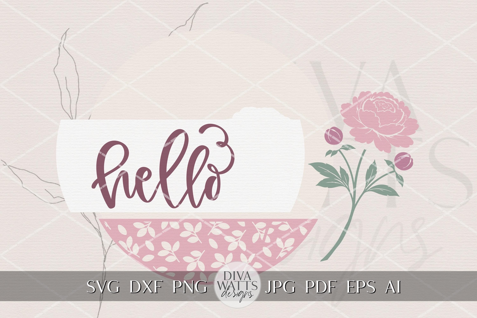 Hello Peony Round Door Hanger SVG File, Hello Door Sign Laser Cut ...