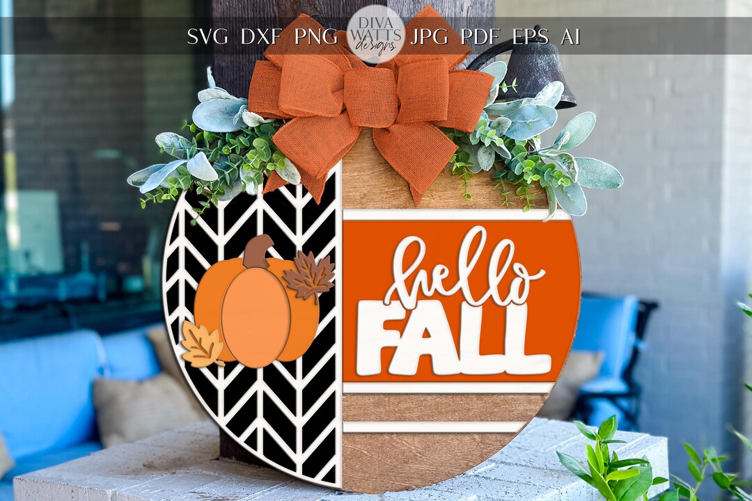 Laser Cut Door Hanger SVG | Hello Fall Pumpkin Sign | DIY Round Fall ...