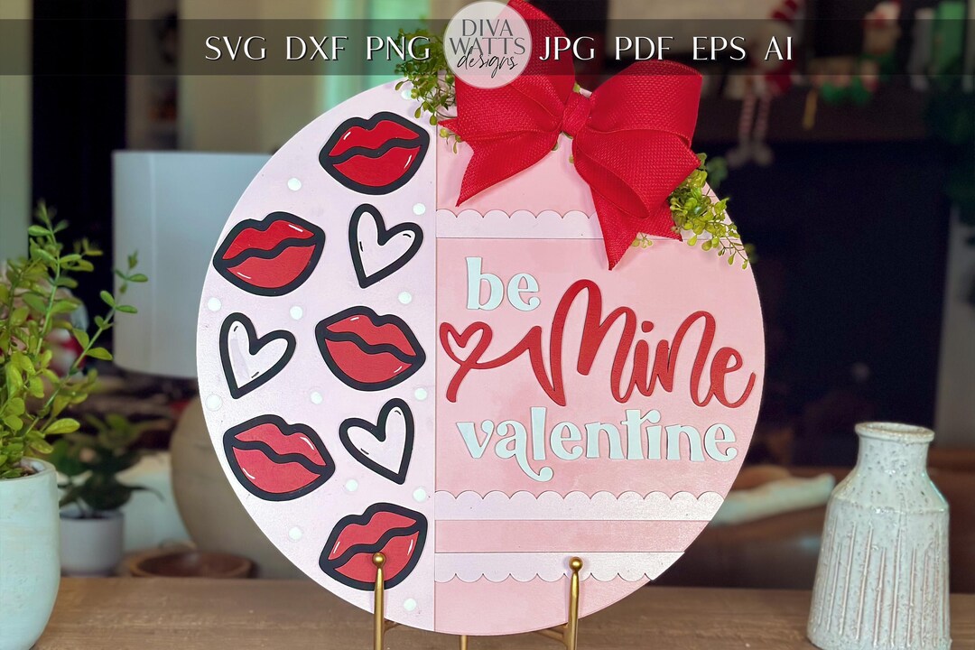 Be Mine Valentine SVG Laser Cut File, Kiss and Heart Door Hanger ...