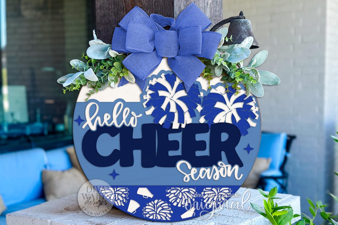 Hello Cheer Season Round Door Hanger SVG Laser Cut File, Pom Pom Sports ...