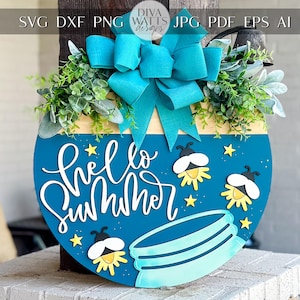 Hello Summer SVG Laser File | Fireflies in Jar Round Door Hanger SVG ...