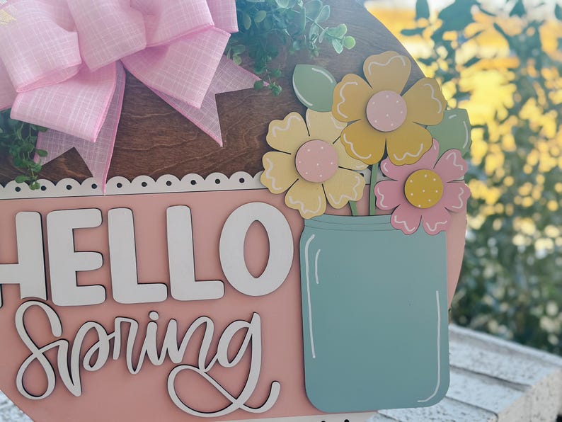 Hello Spring Door Hanger SVG, Mason Jar Floral Laser Cut File, Layered ...