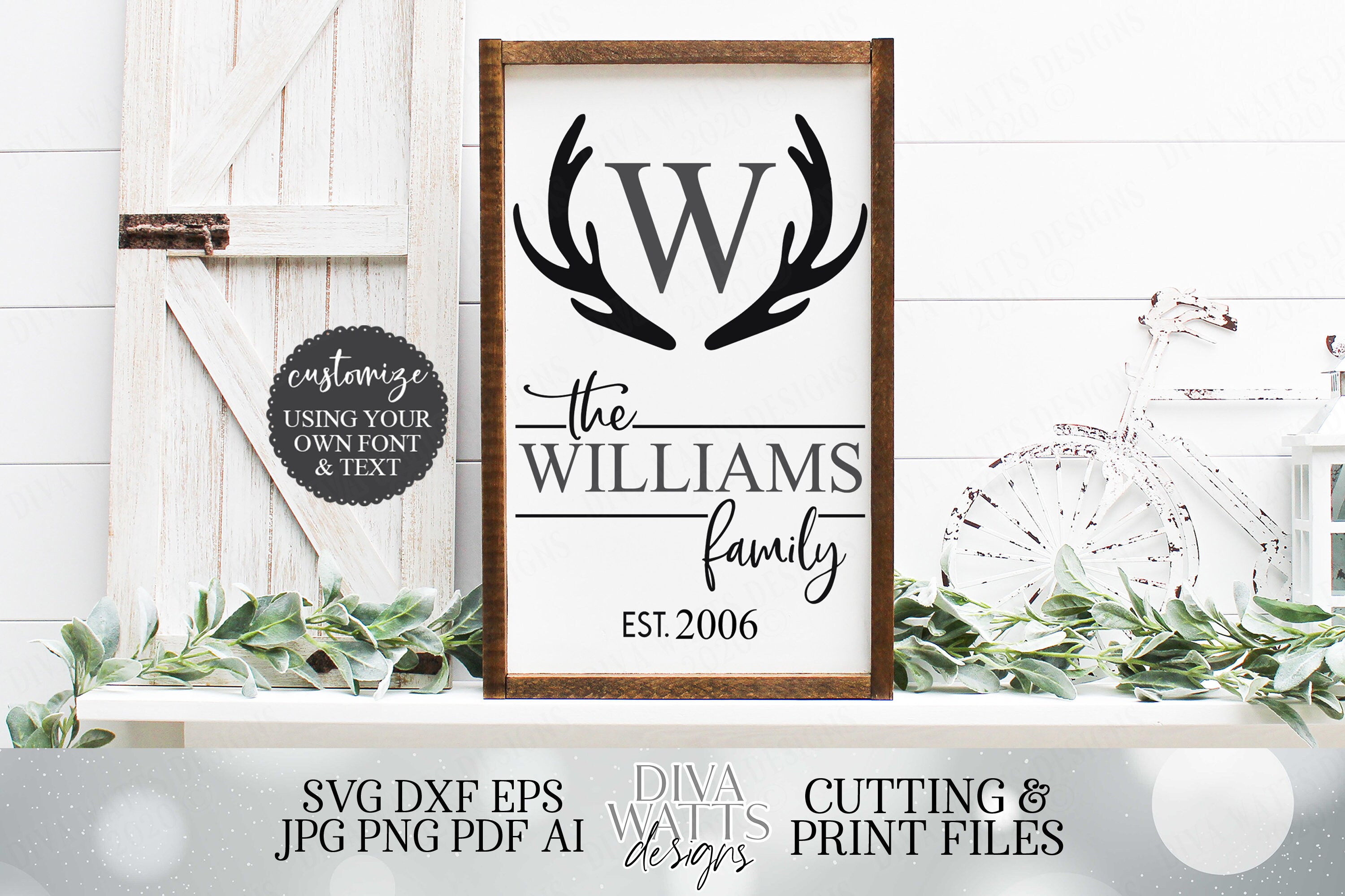 Family Monogram / Last Name Cutting File and Printable | Deer Antlers ...