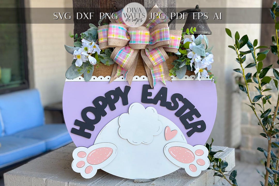 Hoppy Easter Door Hanger SVG, Bunny Butt Laser Cut File, Round Sign ...