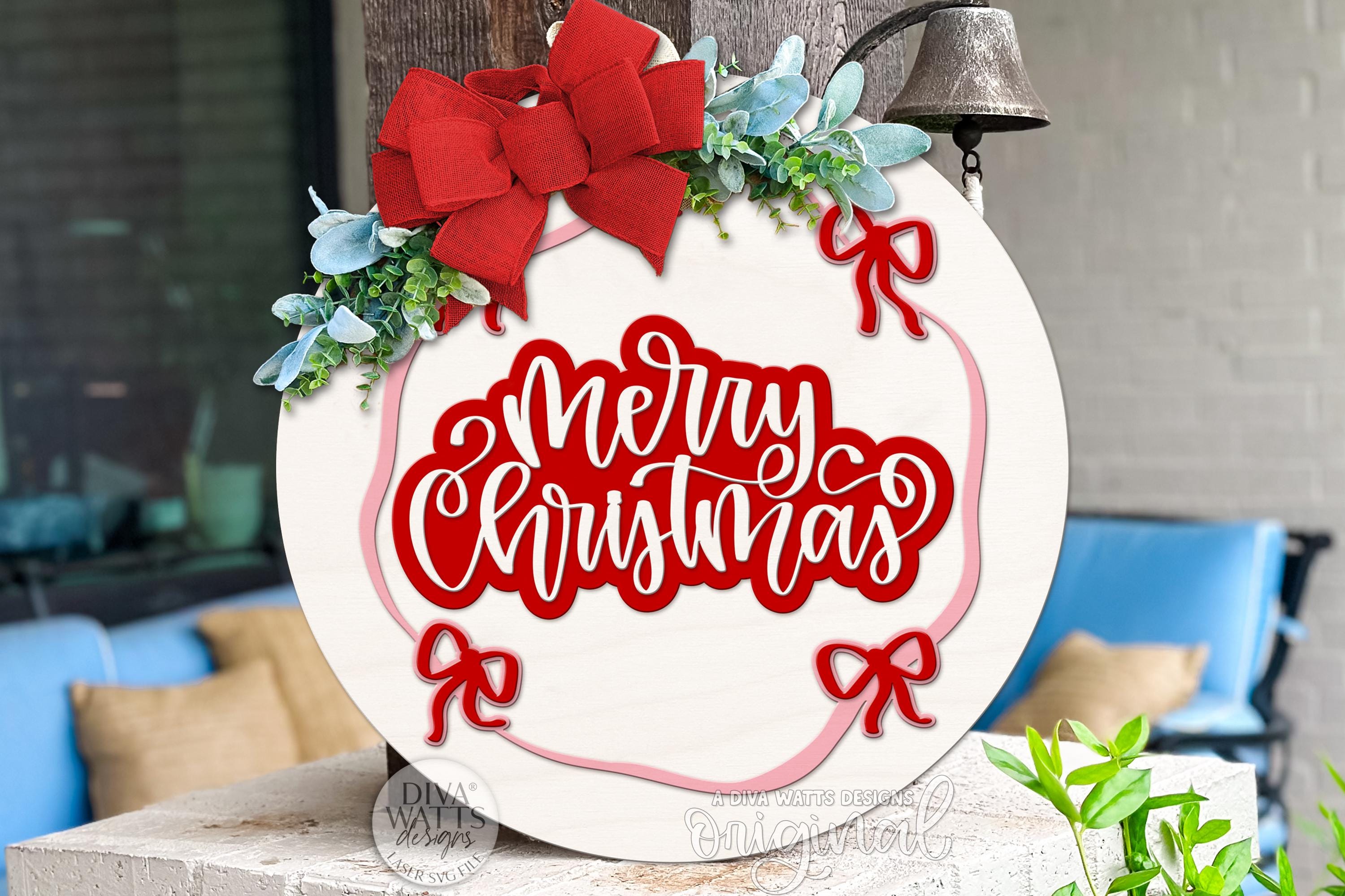 Merry Christmas Round Door Hanger SVG | Coquette Bow Layered Laser Cut ...
