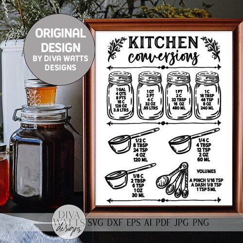 Kitchen Conversions Chart SVG Cutting File Printable Cheat | Etsy
