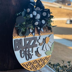 Buzz off Bee Door Hanger SVG Laser Cut File, Honeybee Daisy Round Sign ...