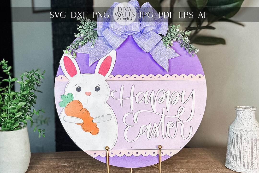 Happy Easter Bunny With Carrot Door Hanger SVG – Layered Round Laser ...