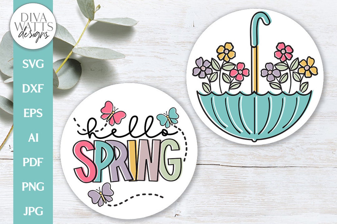 Hello Spring SVG | Floral Umbrella Spring Time Design - Etsy