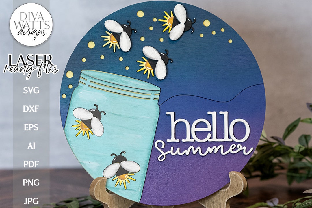 Hello Summer Fireflies Glowforge SVG | Laser Door Hanger Fireflies ...