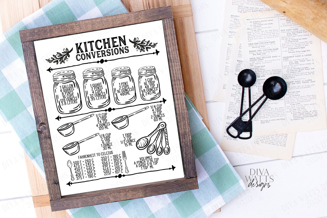Printable Kitchen Conversions Chart Cheat Sheet | White Background ...