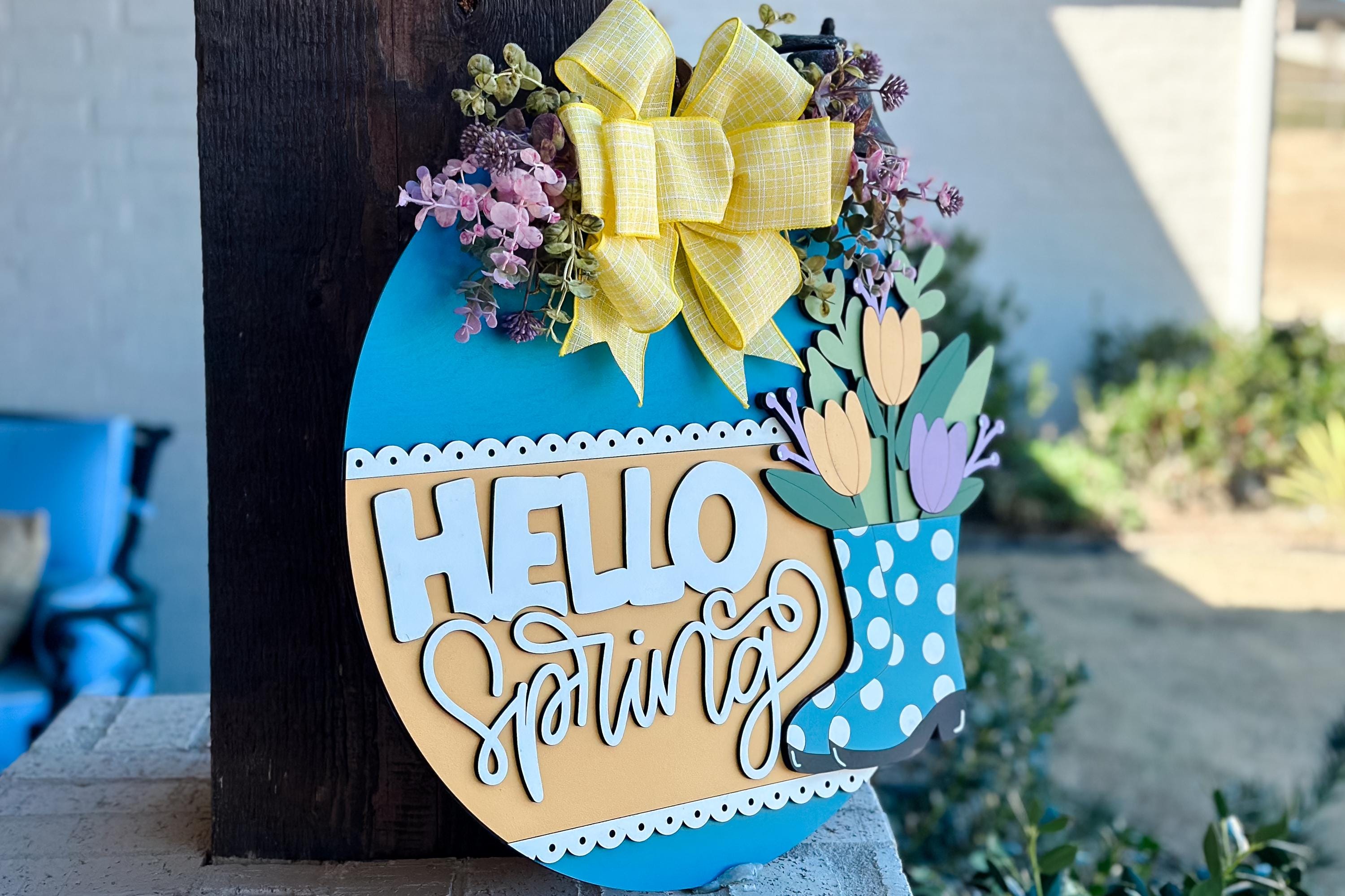 Hello Spring Door Hanger SVG, Tulip Boot Laser Cut File, Layered Spring ...