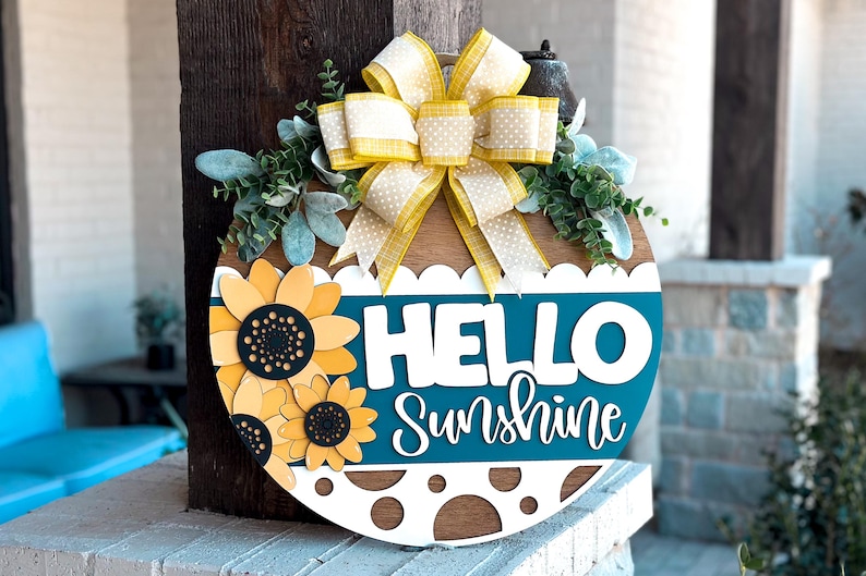 Hello Sunshine Door Hanger SVG, Sunflower Round Sign Laser Cut File ...
