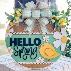 Hello Spring Door Hanger SVG, Floral Chick Laser Cut File, Round Sign ...