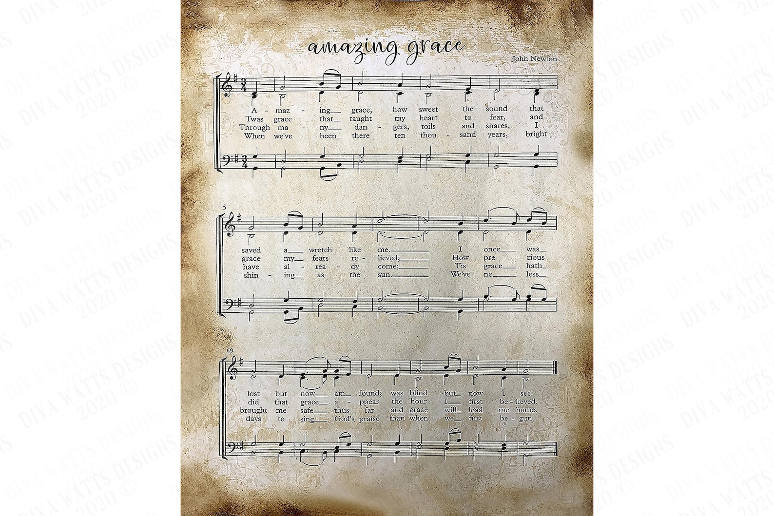 Printable | Amazing Grace | Christian Hymn Sheet Music | Distressed ...