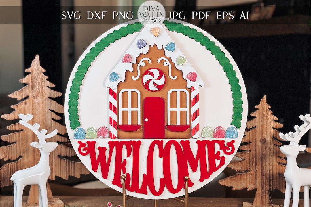 Gingerbread House Christmas Door Hanger SVG, Laser Cut Welcome Sign ...