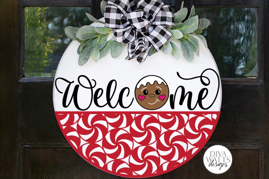 Peppermint & Gingerbread Welcome SVG Christmas Round Sign Design - Etsy