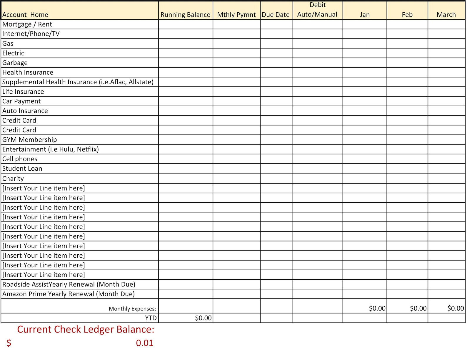 Annual Monthly Budget Spreadsheet Planner Checking Ledger Running ...
