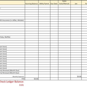 Annual Monthly Budget Spreadsheet Planner Checking Ledger Running ...