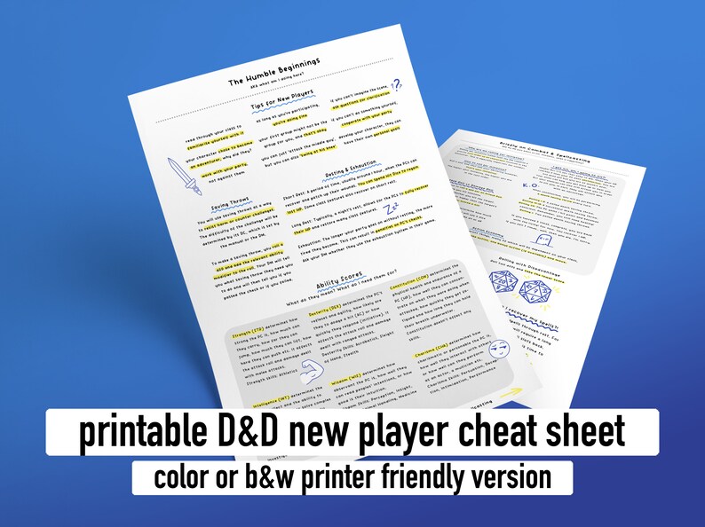 Printable Dungeons and Dragons New Player Cheat Sheet D&D - Etsy