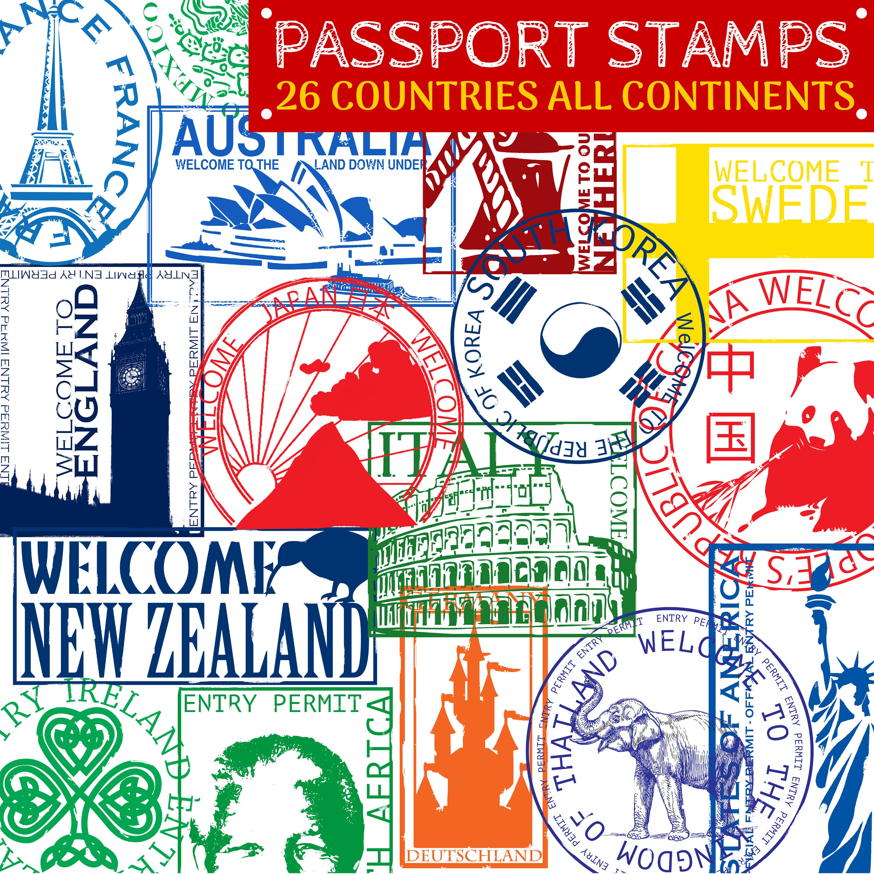 Passport Stamps Countries Around The World Clip Art Etsy