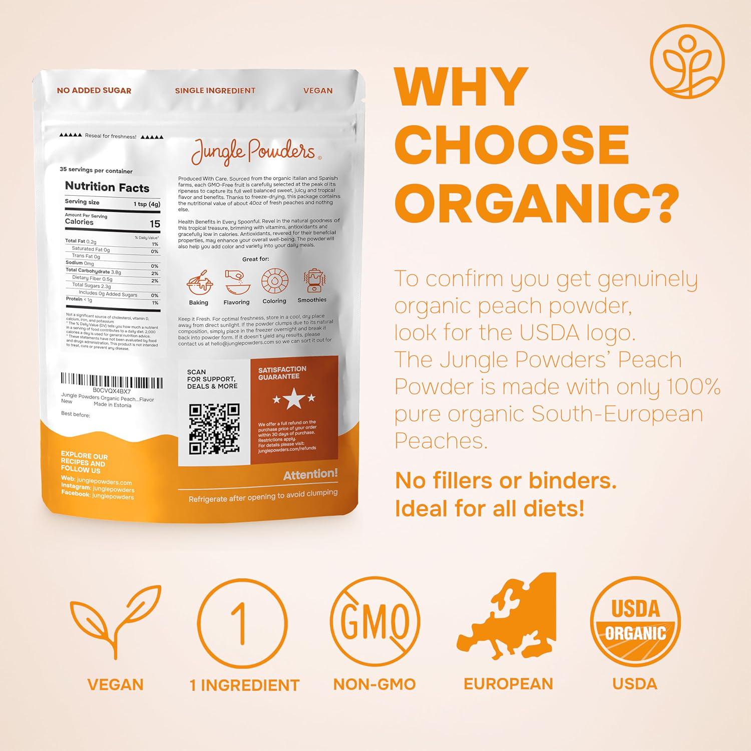 Jungle Powders Organic Peach Powder 5oz Bag/141g, Freeze-dried Peaches ...
