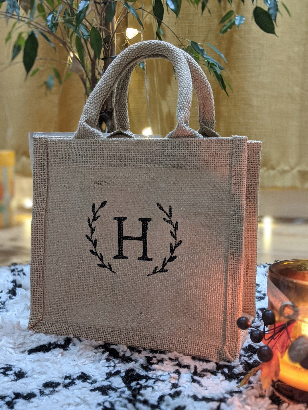 Personalised Mini Jute Bag Laurel Design Sustainable Bag - Etsy