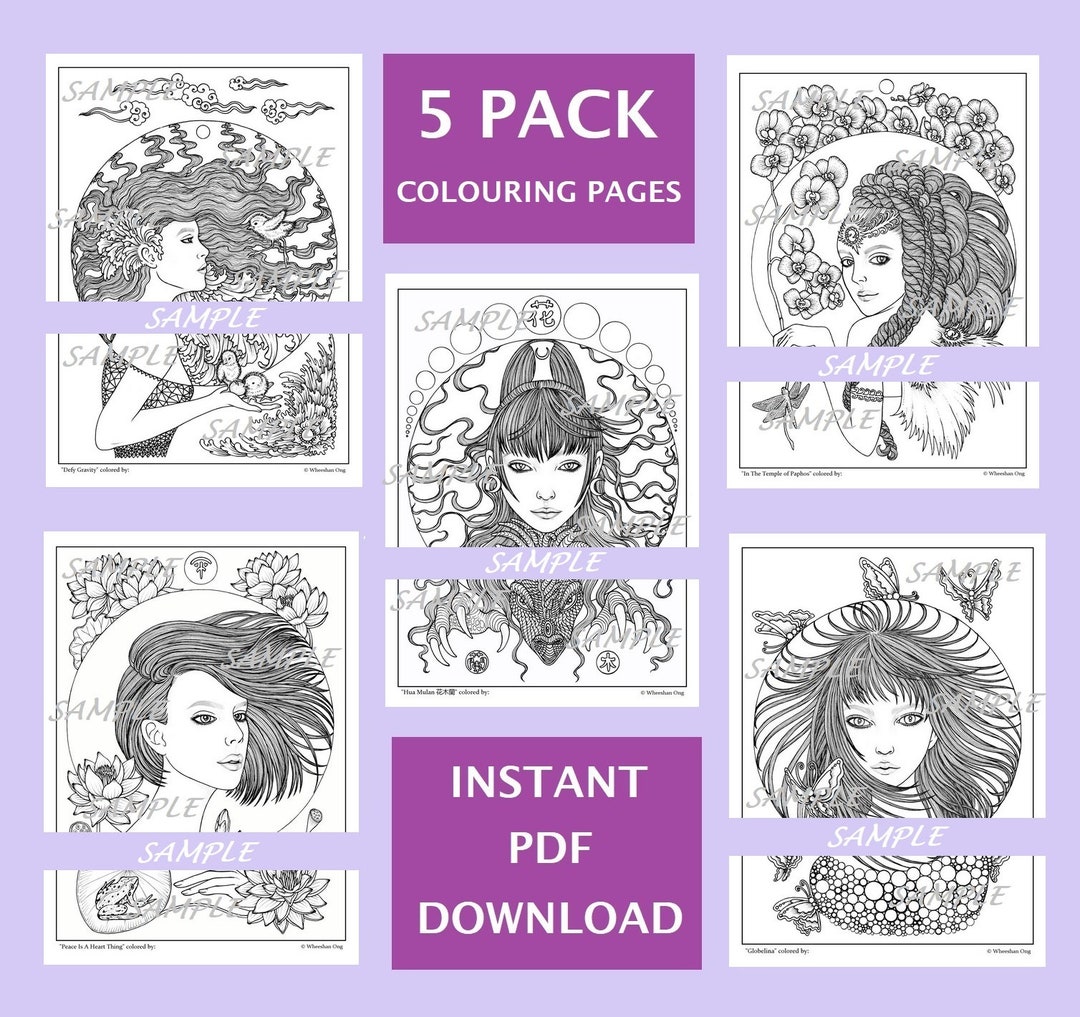 5 Pack PDF Instant Download Colouring Pages Feminine Moon - Etsy