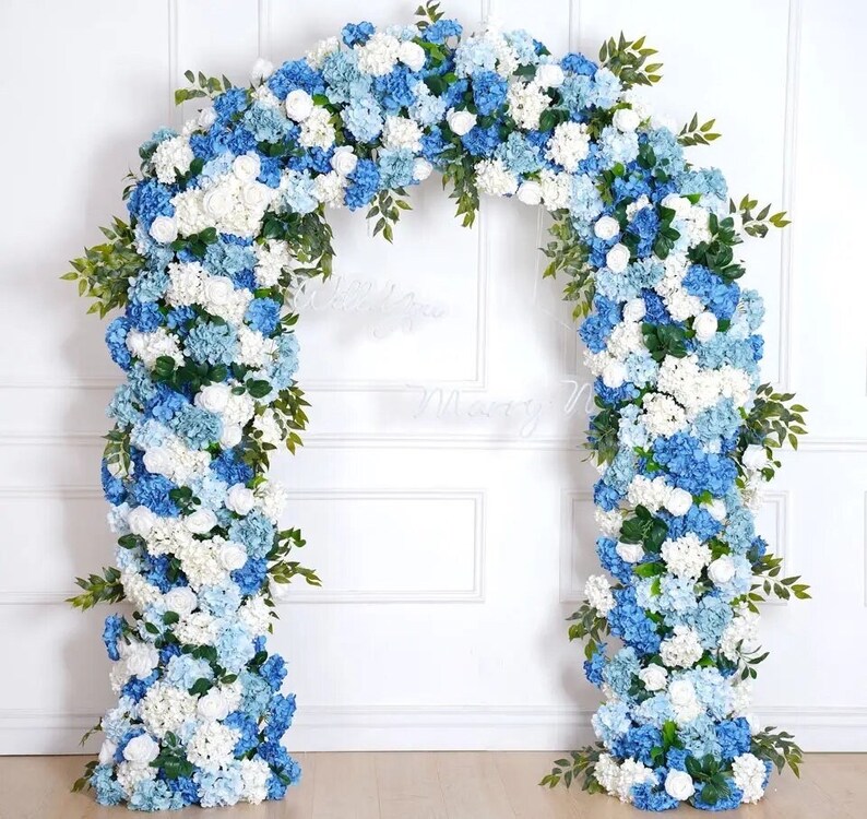 Sky Blue Rose Hydrangea Floral Arch With Leaves, Flower Runner Wedding ...