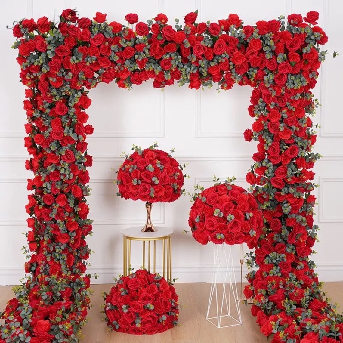 Red Flower Floral Arch With Leaves, Flower Runner Wedding Backdrop ...