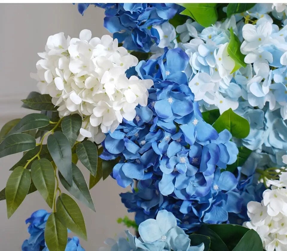 Sky Blue Rose Hydrangea Floral Arch With Leaves, Flower Runner Wedding ...