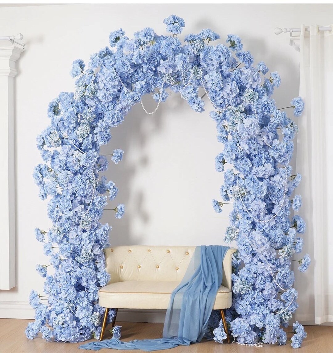 Sky Blue Rose Hydrangea Arch With Leaves, Flower Runner Wedding ...